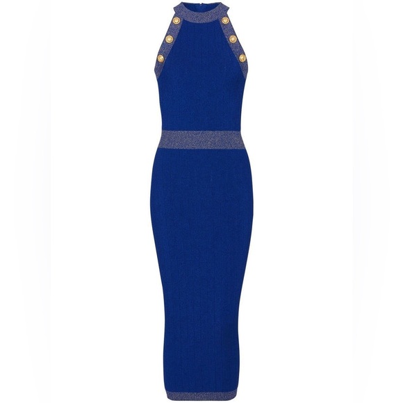 Balmain | Dresses | Balmain Knit Dress Blue And Gold Midi | Poshmark